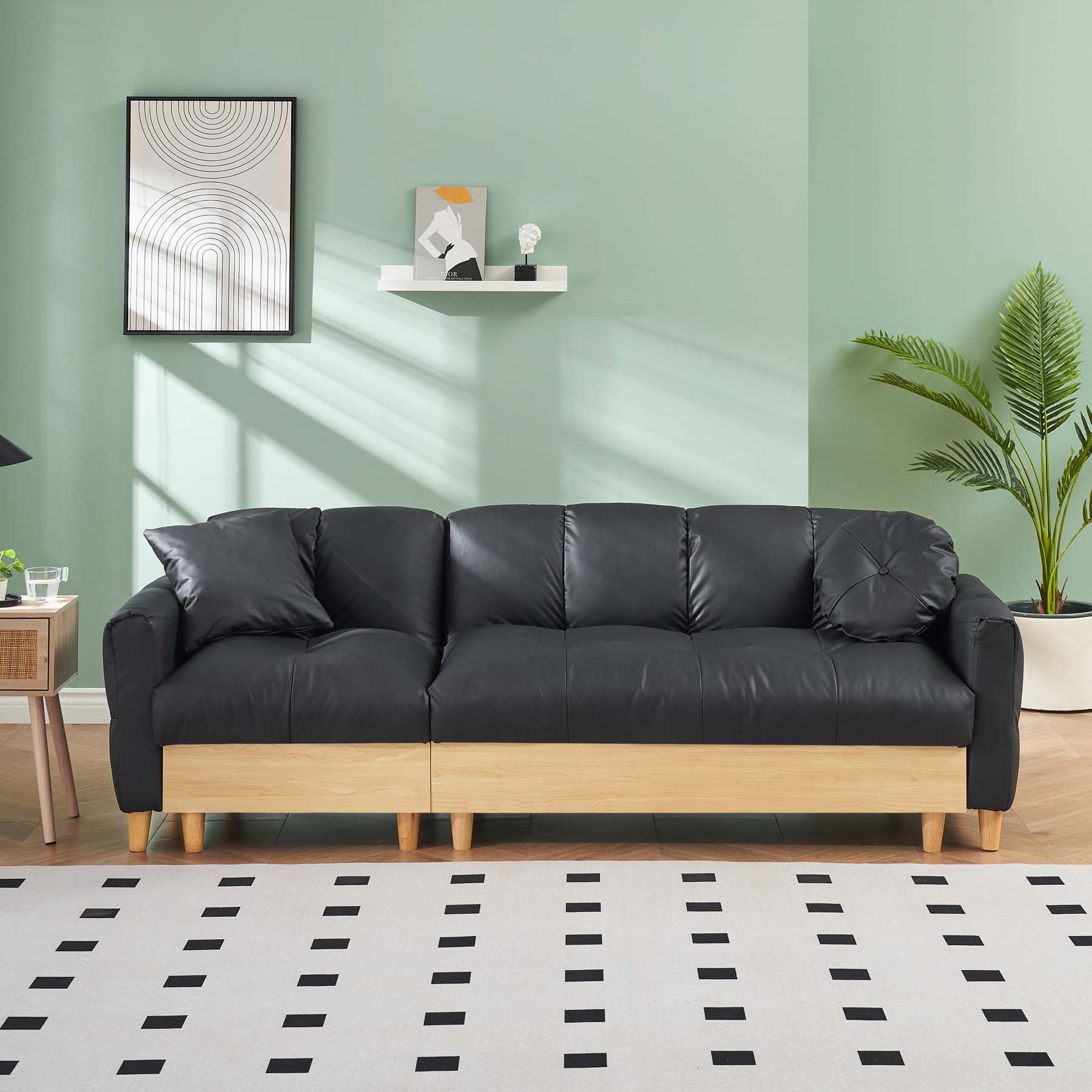 Black Technology Cloth Three Seat Sofa Lift Sofa Bed with Locker Latitude Run